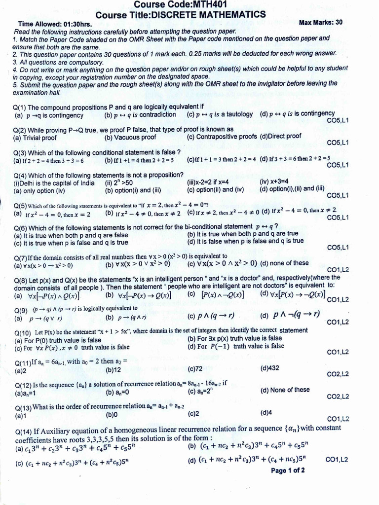 Sample Paper mth401 | PDF | Mathematical Proof | Recurrence Relation
