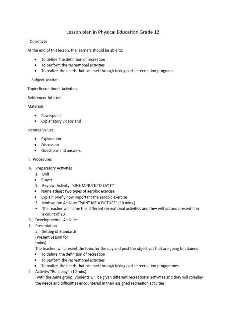 Grade 12 Physical Education Lesson Plan | PDF | Recreation | Lesson Plan