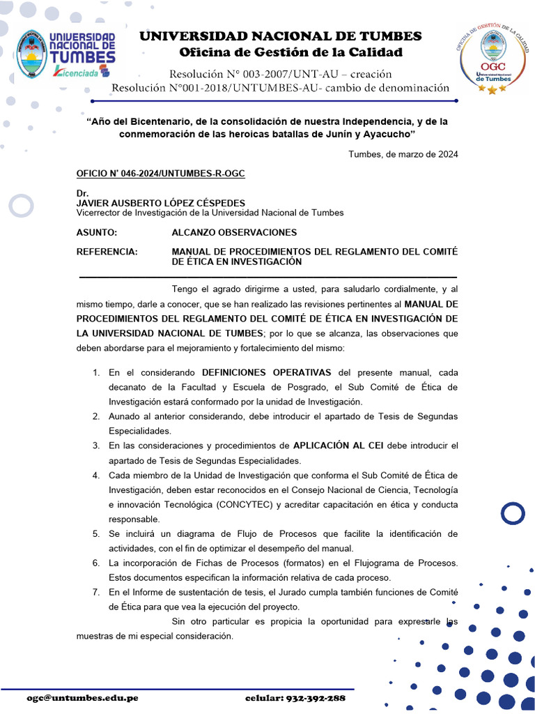 Oficio #046-2024-Ogc - Alcanzo Manual de Procedimientos Del Reglamento Del Comité de Ética en ...