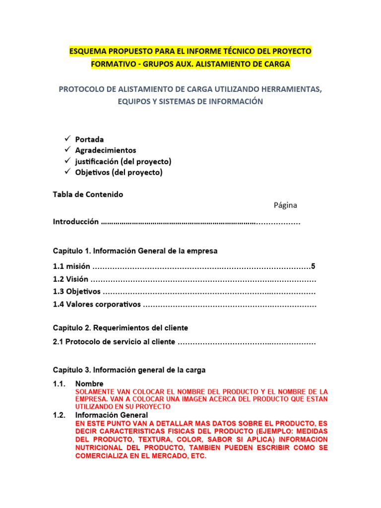 Esquema Propuesto para El Informe Técnico Del Proyecto Formativo Auxiliar de Alistamiento de La ...