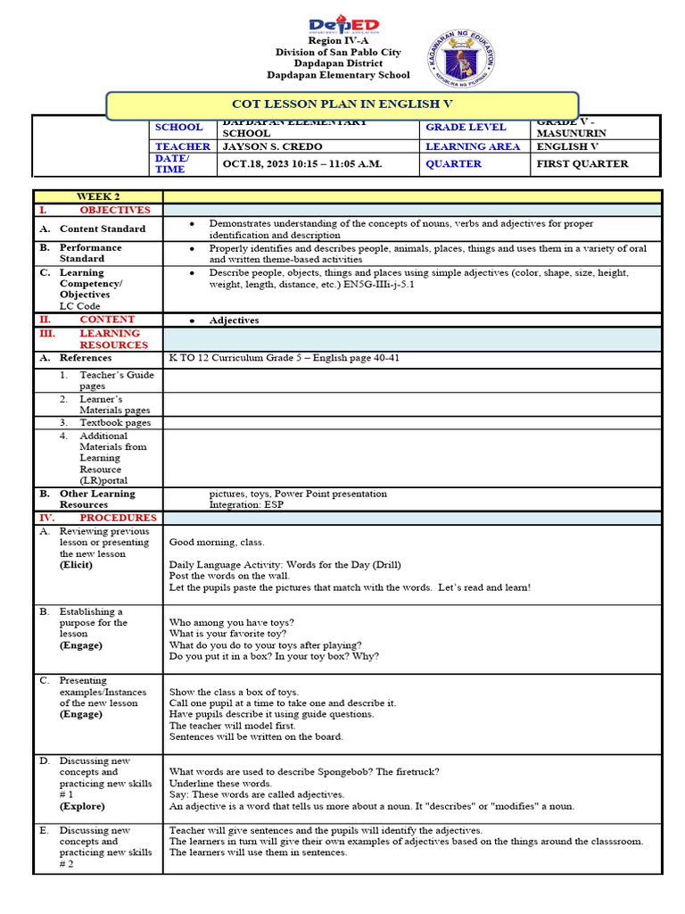 Grade 5 COT English 1st Quarter | PDF | Learning | Adjective