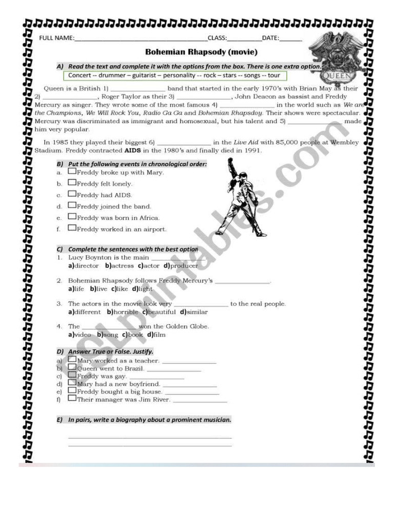Freddie Mercury Worksheet Pelicula | PDF