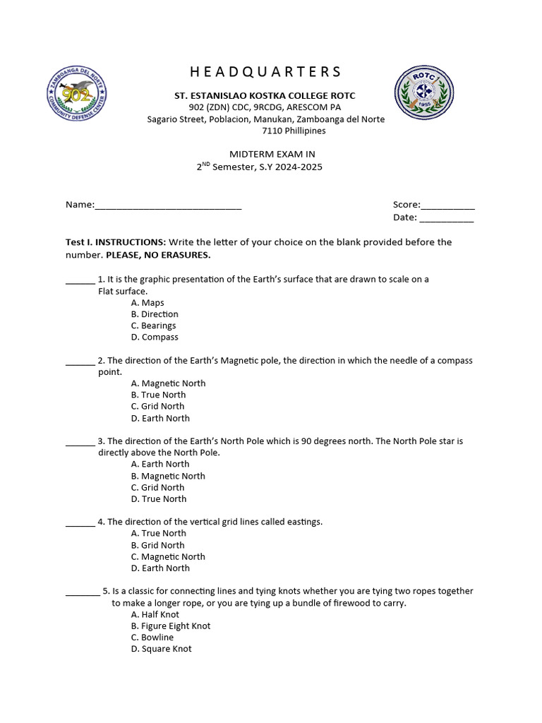 ROTC Exam 2nd Sem | PDF | Knot | Compass