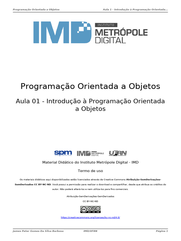 01 Introducao A Programacao Orientada A Objetos PROGRAMACAO ORIENTADA A OBJETOS | PDF
