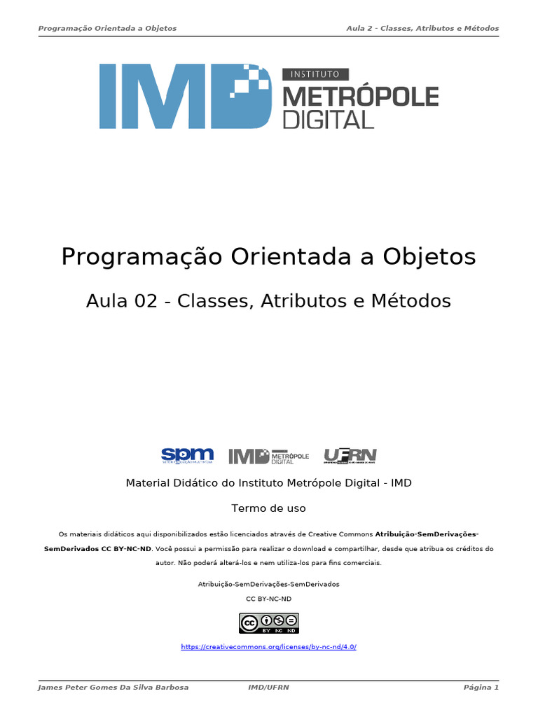 02 Classes Atributos E Metodos Programacao Orientada A Objetos Download Grátis Pdf Classe