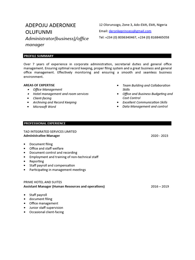 Aderonke Resume - Admin MNGR - 2023 | PDF | Business | Computing