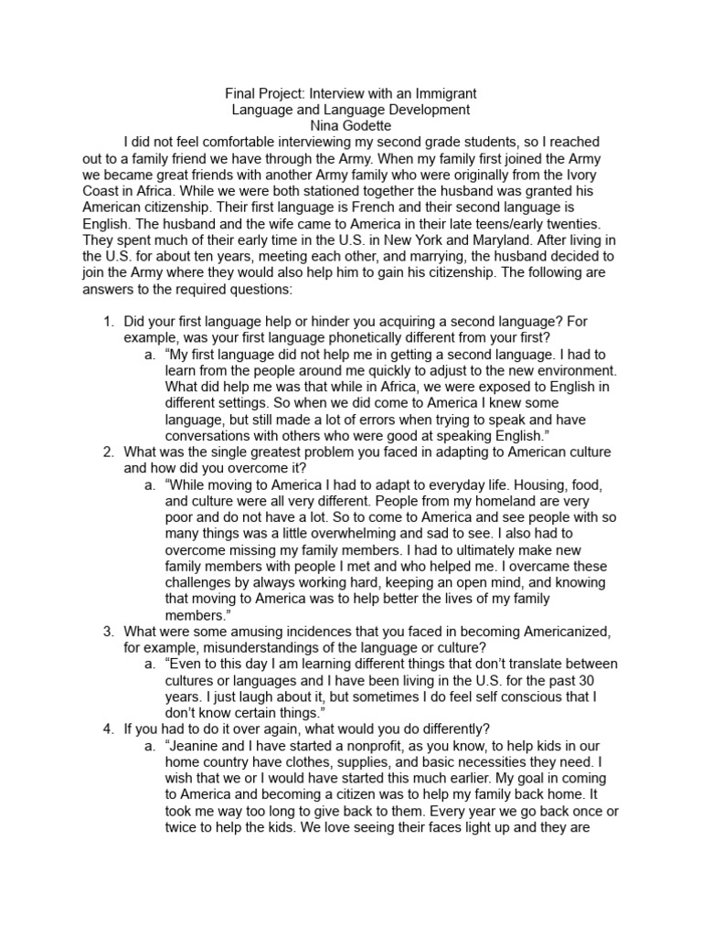 Final Project Interview With An Immigrant | PDF | English Language ...