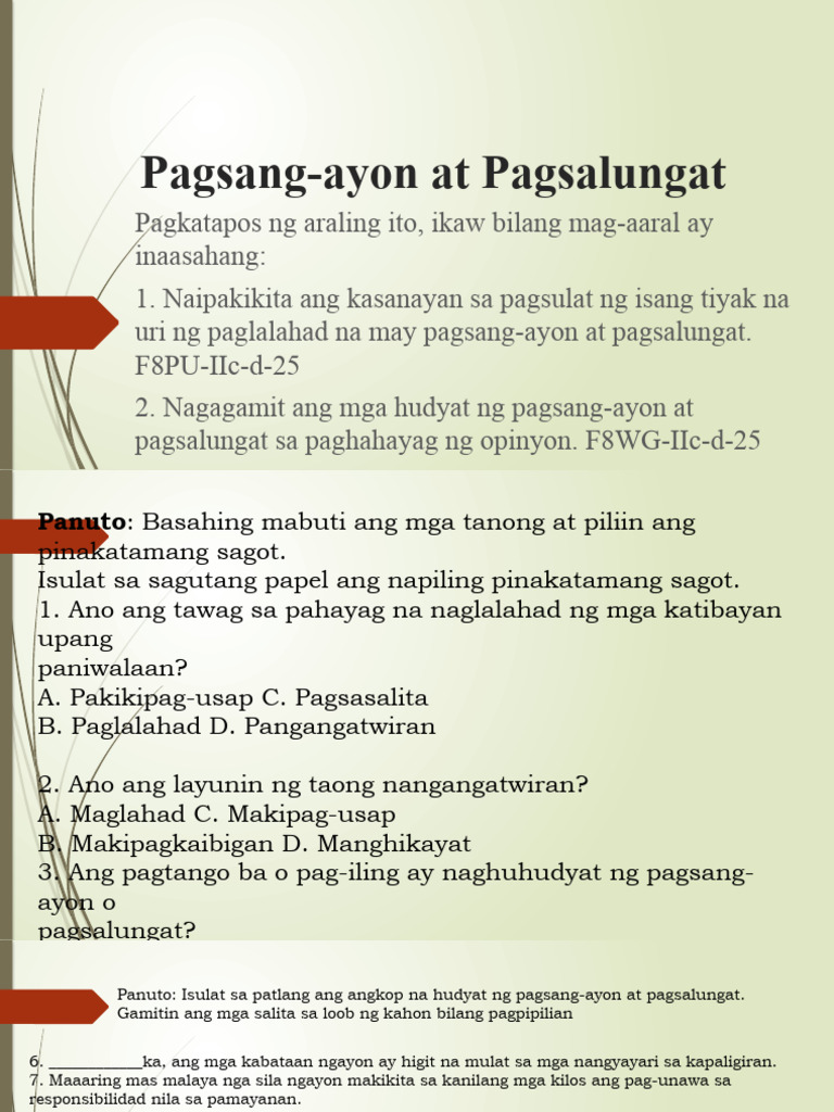Fil8 Q2 Week 3 Pagsang-Ayon at Pagsalungat | PDF