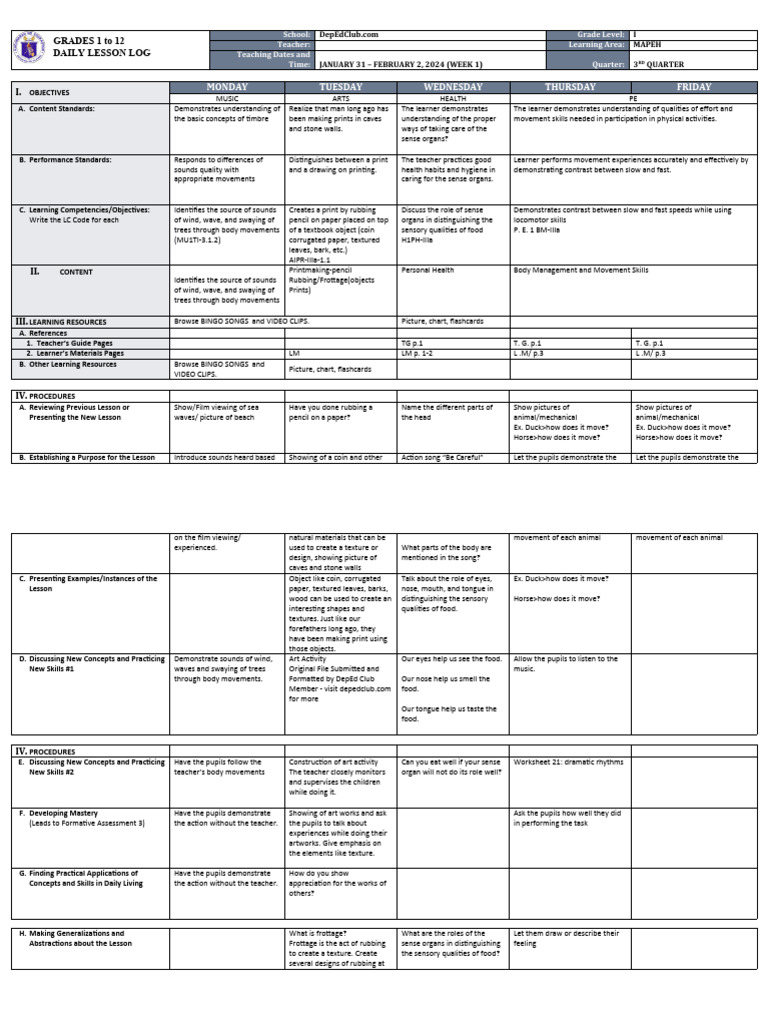 DLL - Mapeh 1 - Q3 - W1 | PDF | Senses | Learning