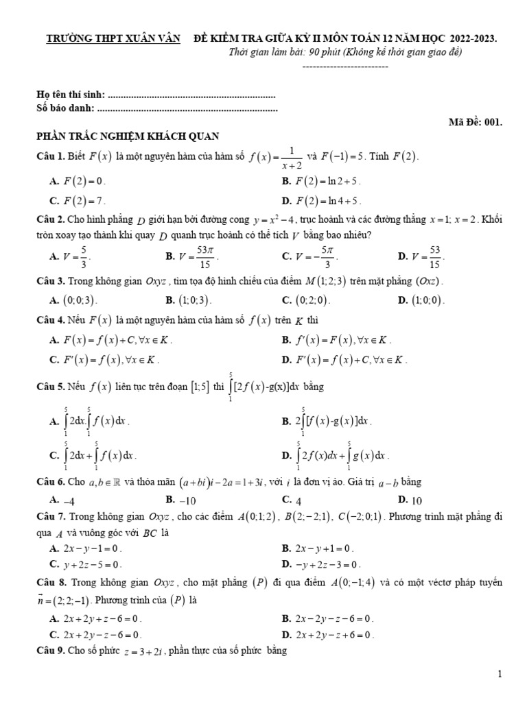 De Giua Ky 2 Toan 12 Nam 2022 2023 Truong THPT Xuan Van Tuyen Quang | PDF
