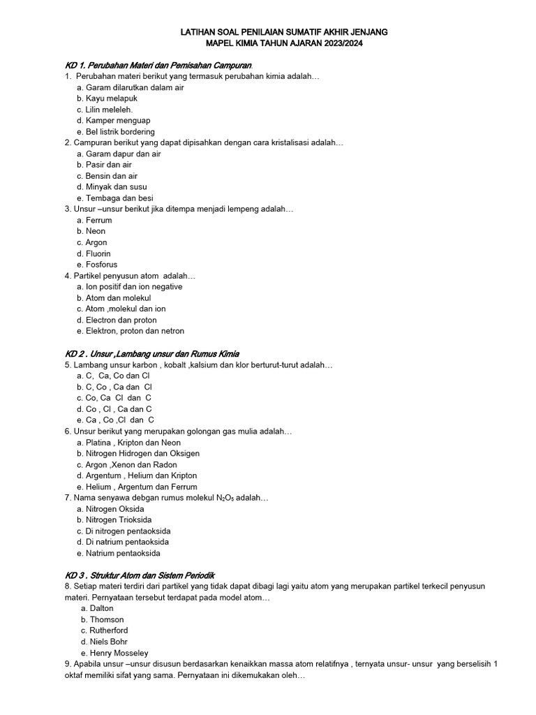 Latihan Soal Psaj Mapel Kimia 2023 - 2024 | PDF