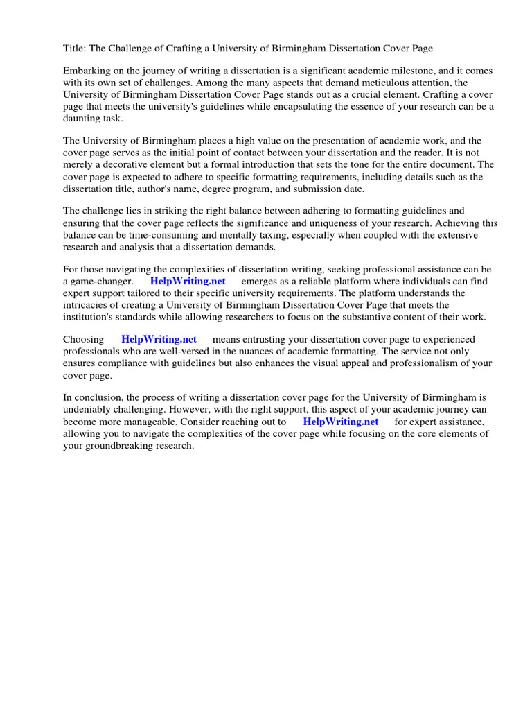 University of Birmingham Dissertation Cover Page | PDF | Thesis ...