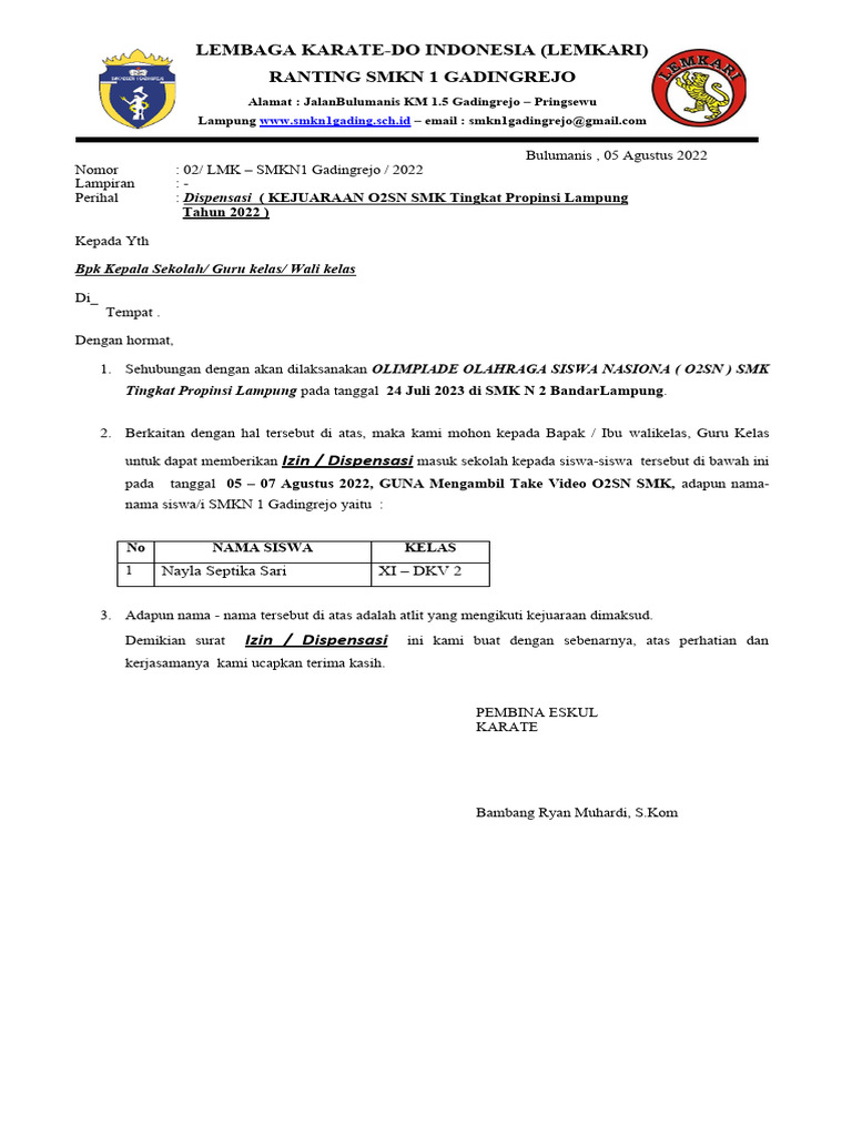 Surat Dispensasi Kejuaraan O2sn SMK 2022 | PDF