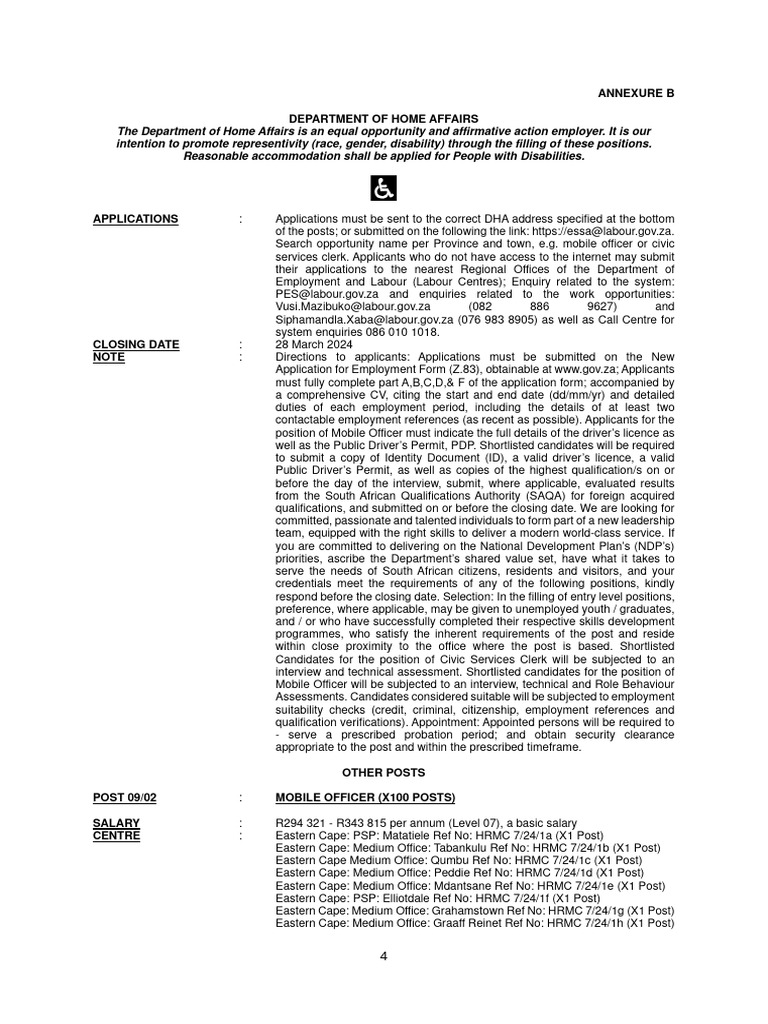 Home Affairs Job Opportunities 2024 | PDF | Identity Document | Driver ...