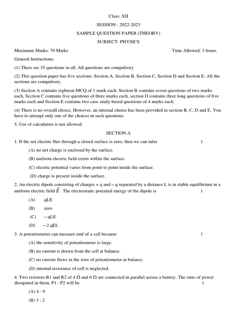 Class XII Physics Sample Paper 2023 | PDF | Electronvolt | Capacitor