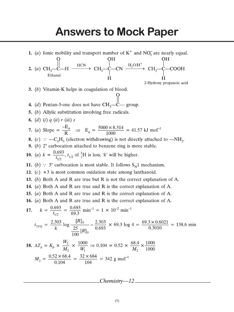 Cbse Cl12 Ead Chemistry Answers To Mock Paper | PDF