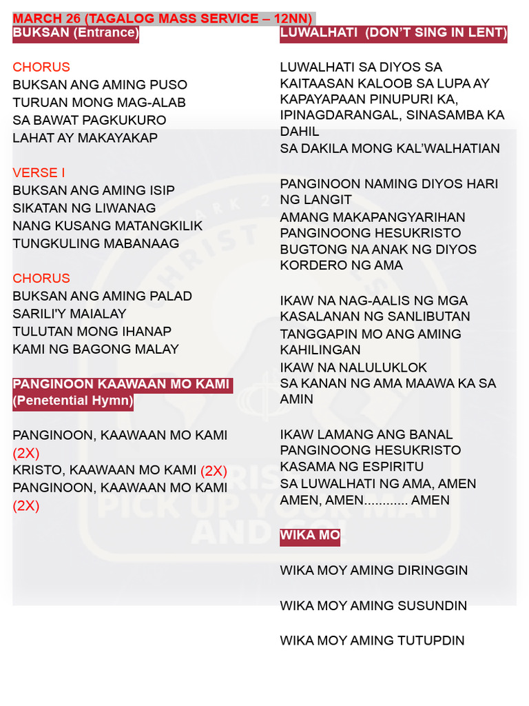March 26 Tagalog Mass Service 12nn | PDF