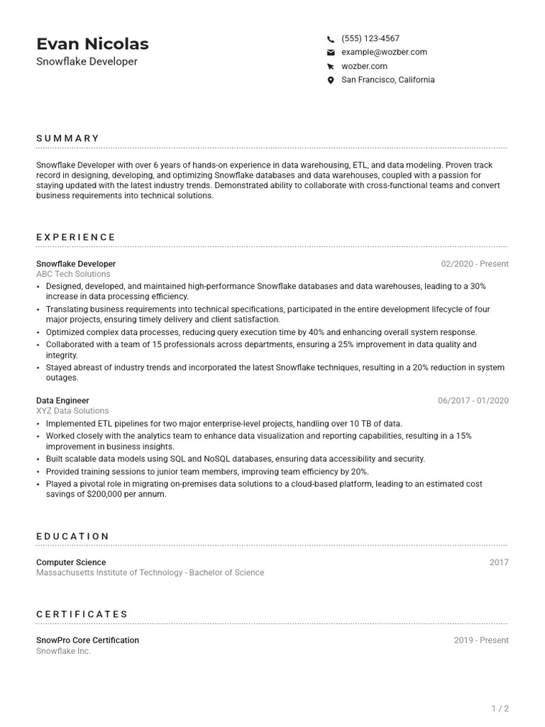 Evan Nicolas - Snowflake Developer - Resume | PDF | Databases | Data Warehouse