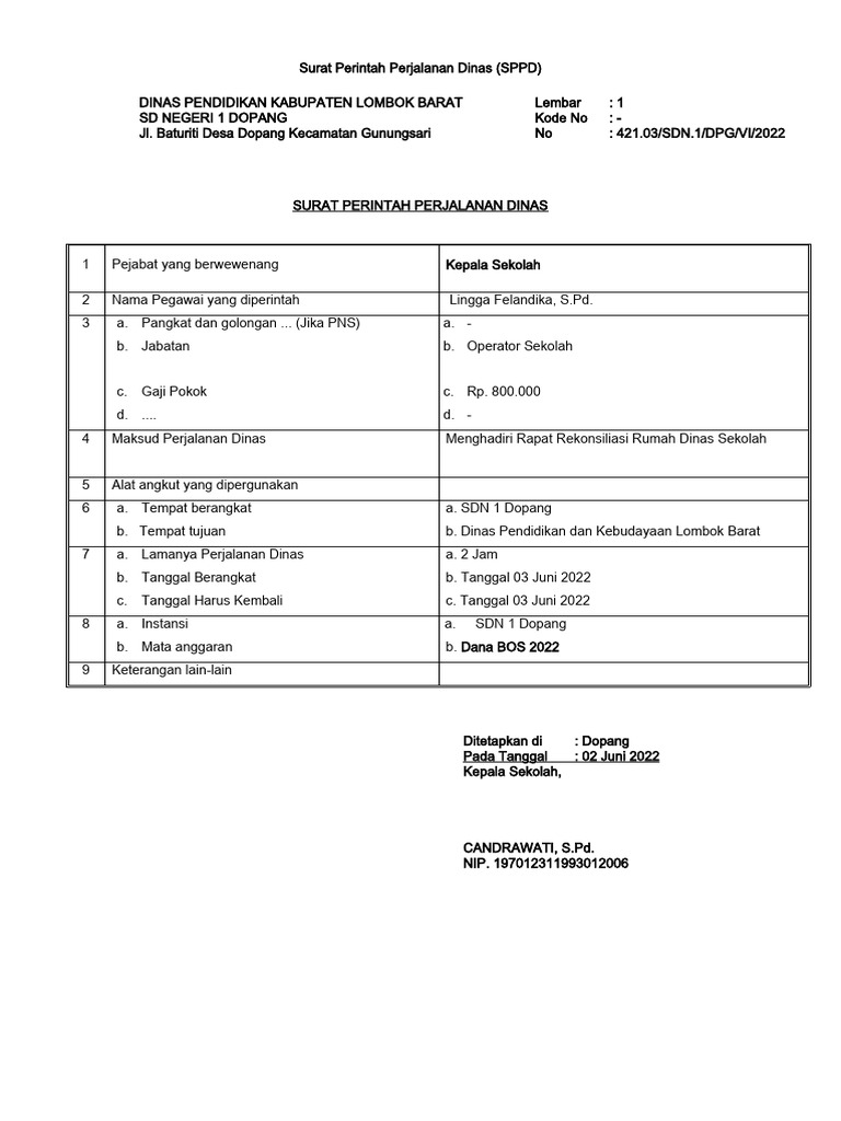 Surat-Perintah-Perjalanan-Dinas - (SPPD) - SDN 1 DOPANG | PDF