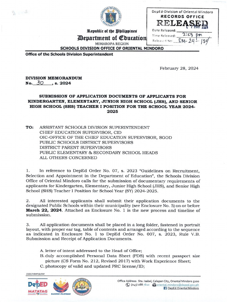 DM 30 - Submission of Application Documents of Applicants For ... DM 30 - Submission of Application Documents of Applicants For ...