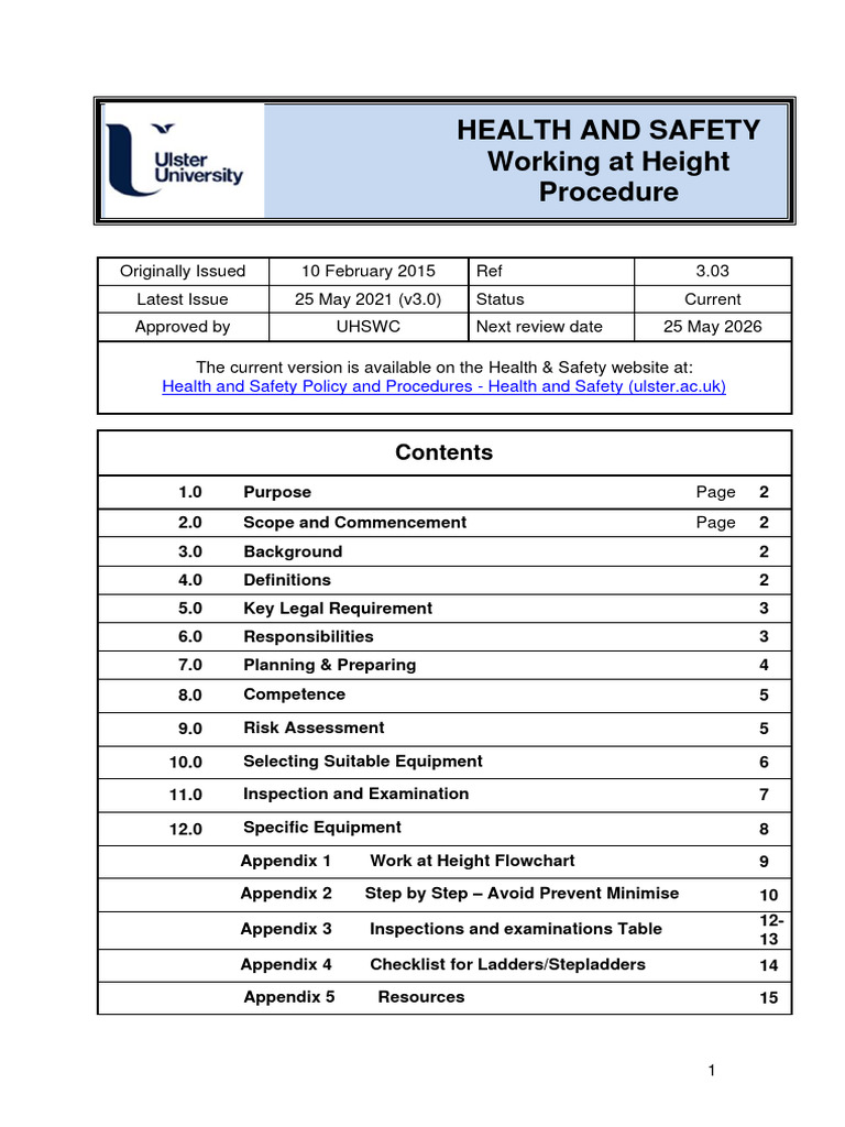 Working at Height Procedure | PDF