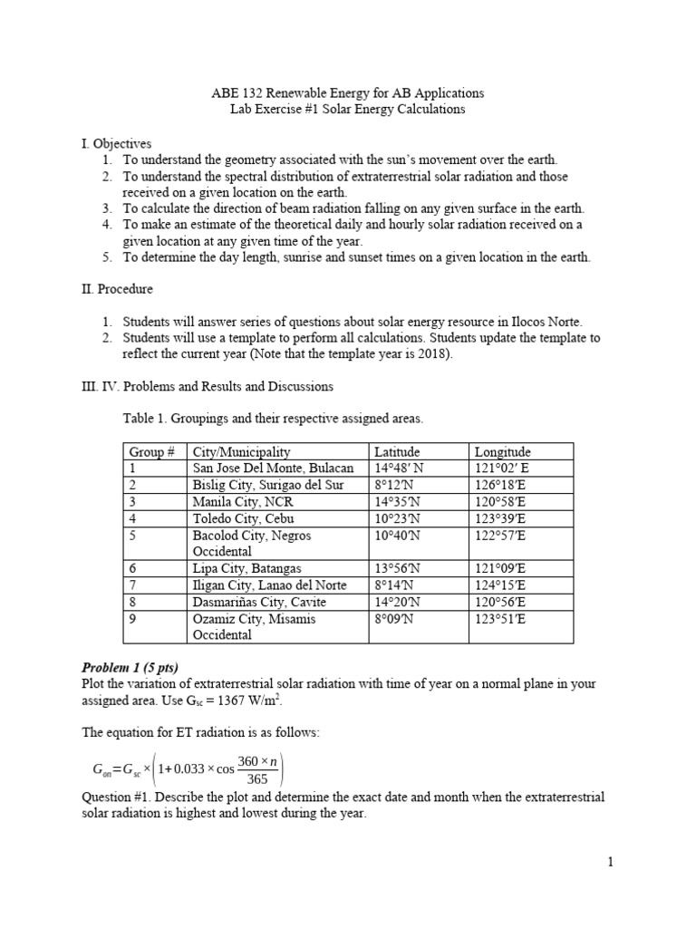 Solar Energy Calculations Lab Guide | PDF | Sun | Astronomy