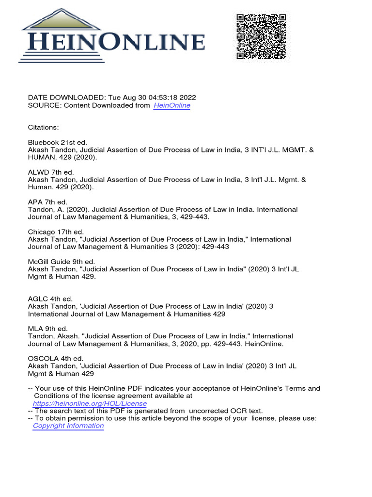 Judicial Assertion of Due Process of Law in India | PDF | United States ...