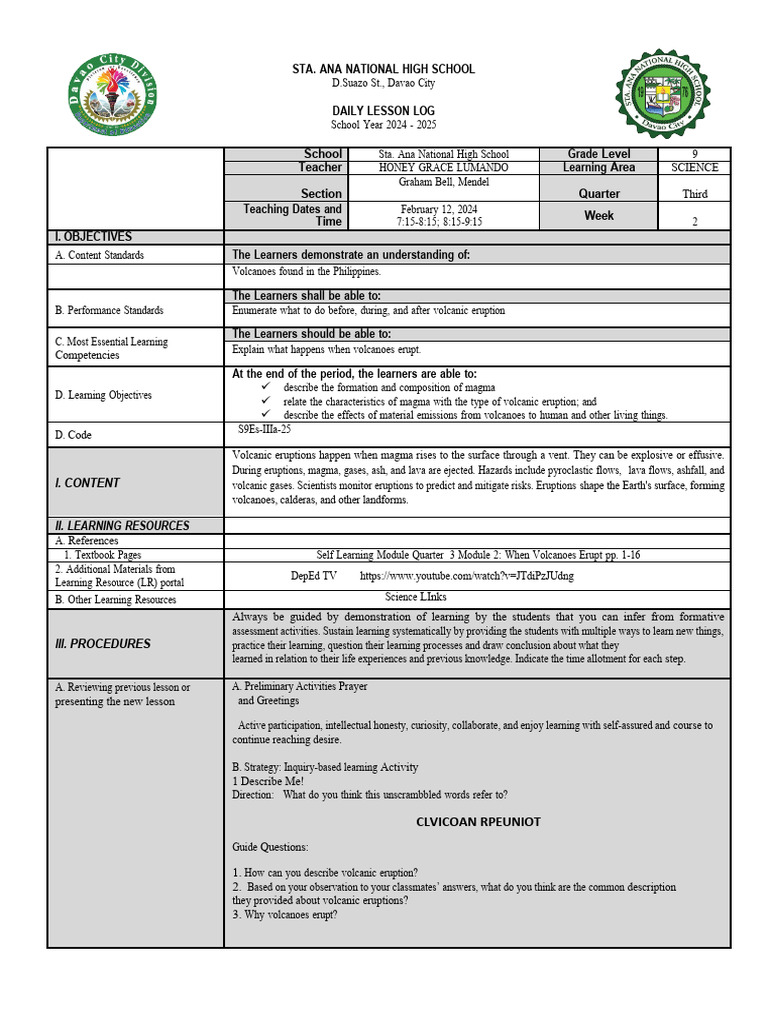 Grade 9 Science Lesson on Volcanoes | PDF | Volcano | Types Of Volcanic ...
