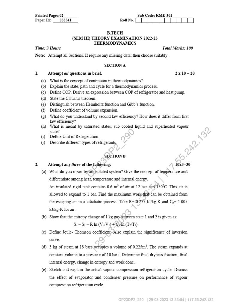 Thermodynamics Exam Paper B.Tech 3rd Sem | PDF | Heat | Applied And ...