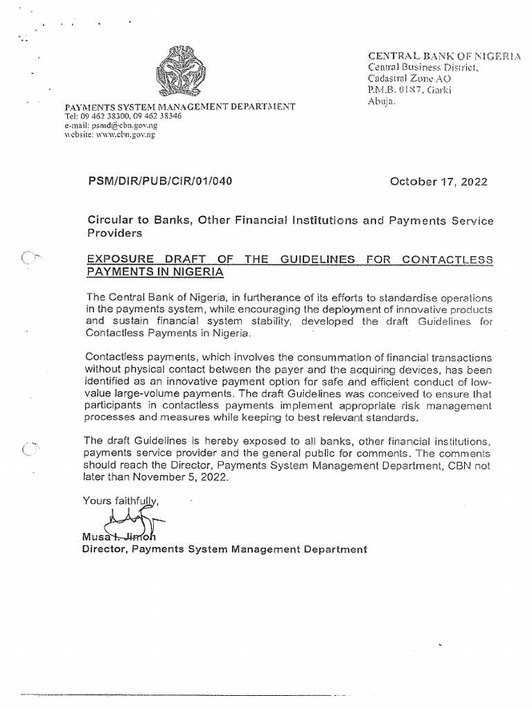 Draft Guidelines For Contactless Payments in Nigeria | PDF