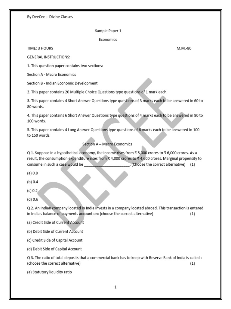 Sample Paper 1 Economics Class 12th | PDF | Deposit Account | Taxes