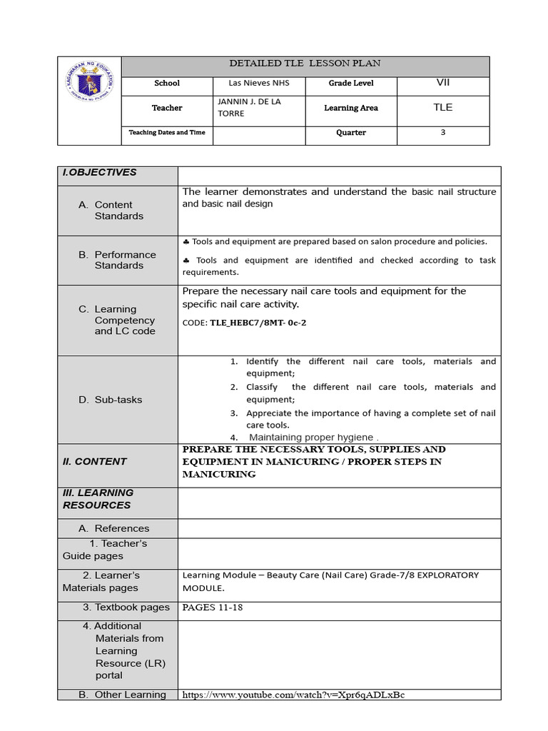 Lesson Plan for Beauty Care | PDF | Lesson Plan | Learning