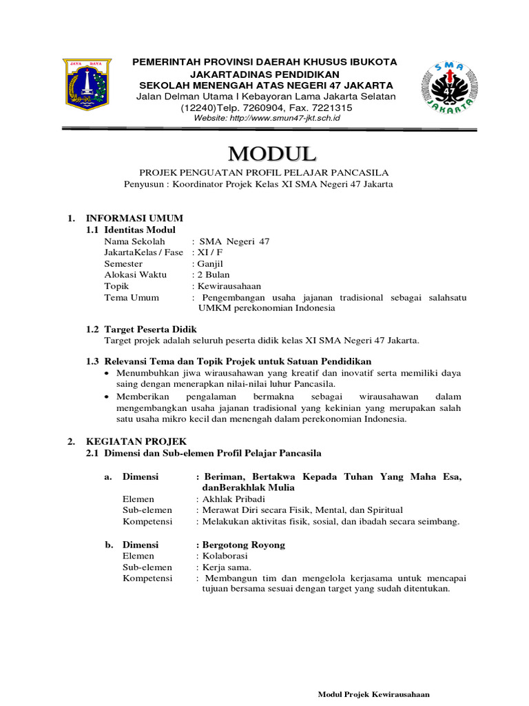 MODUL Projek Kewirausahaan - Rev Ok | PDF