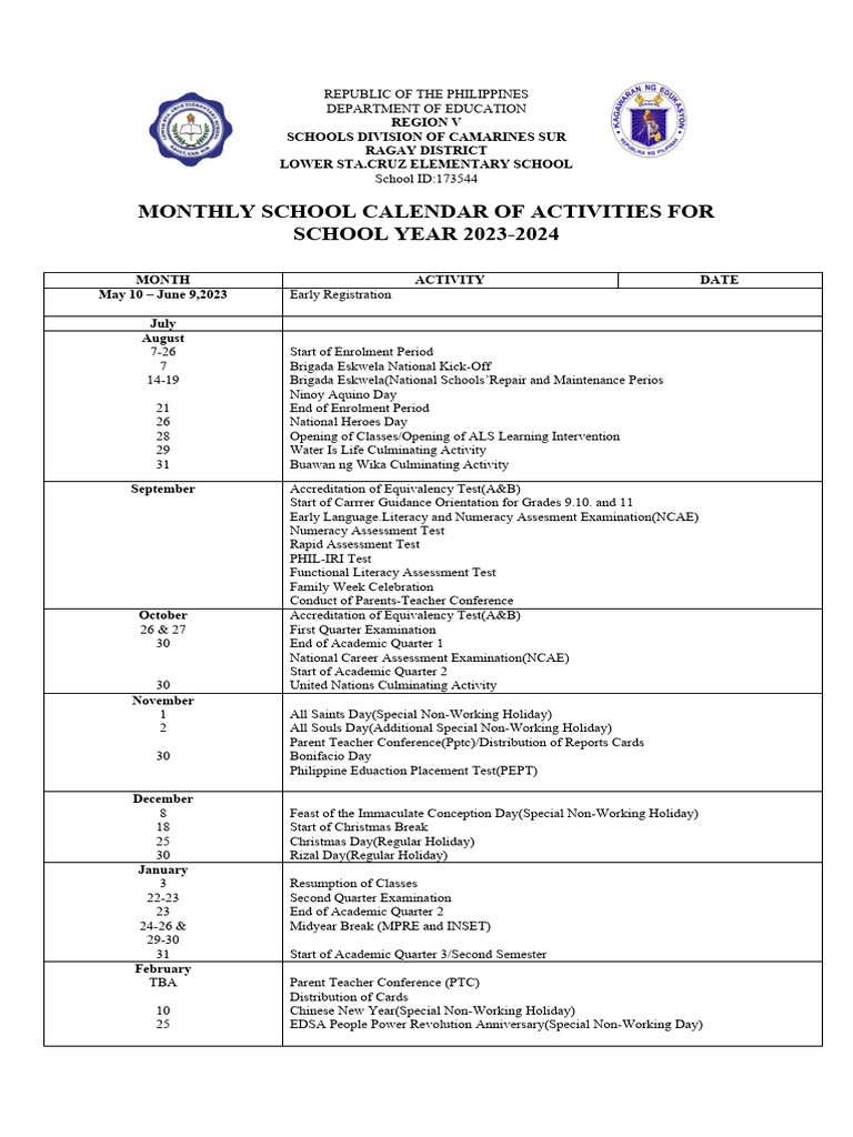 School Calendar Sy 2023 24 | PDF | Observances