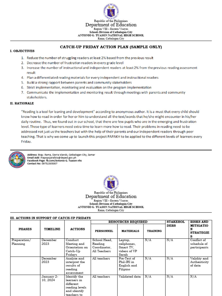 ACTION PLAN For CATCH UP FRIDAY SAMPLE | PDF | Behavior Modification ...