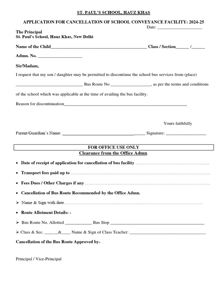 School Bus Cancellation Application 2024-25 | PDF