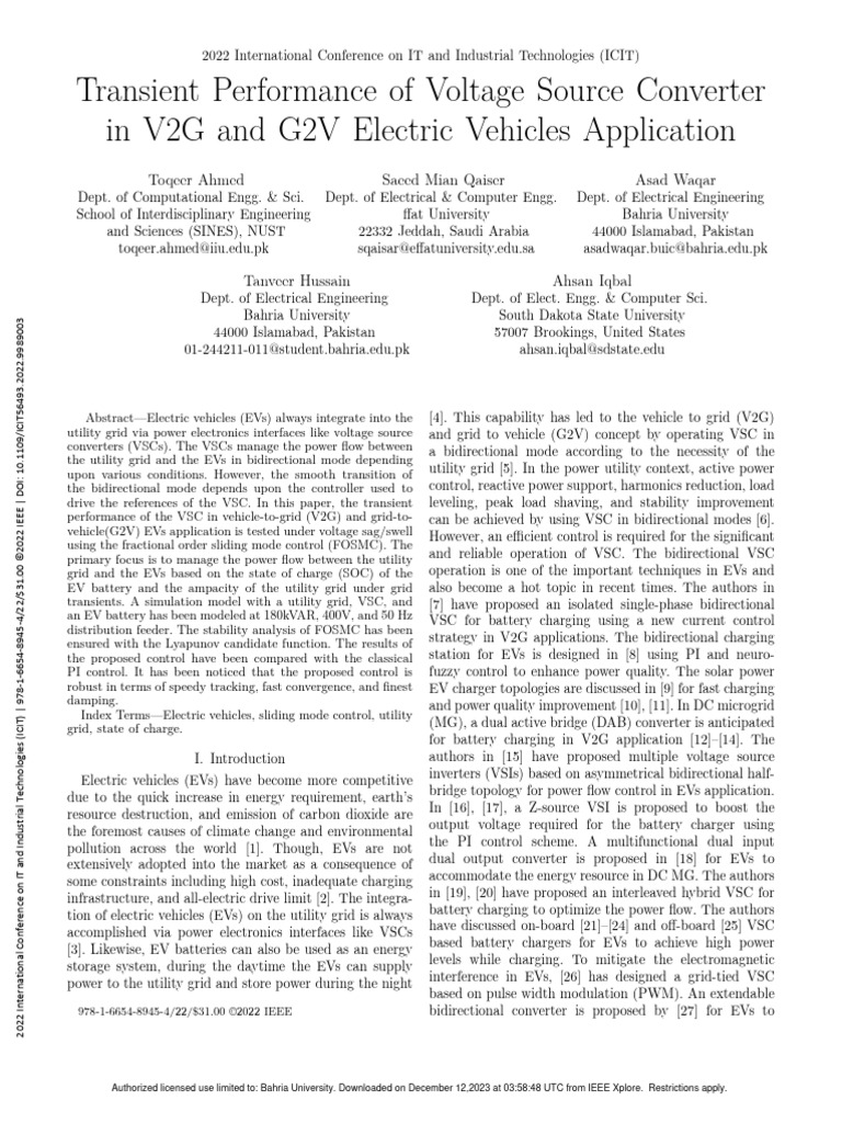 Transient Performance of Voltage Source Converter in V2G and G2V Electric Vehicles Application ...