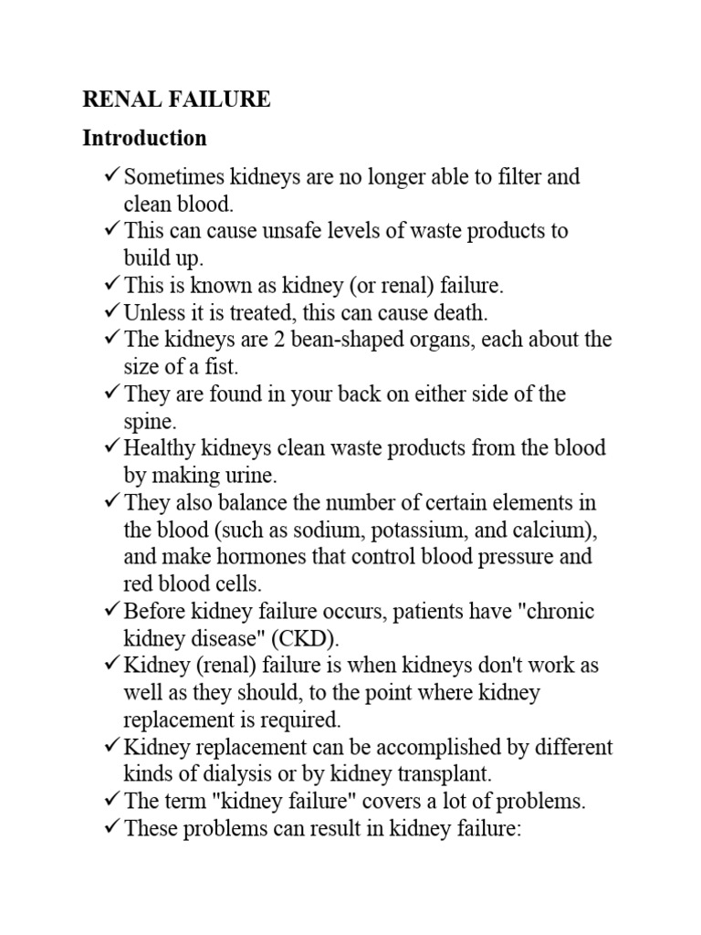 RENAL FAILURE NOTE | PDF | Chronic Kidney Disease | Kidney Transplantation