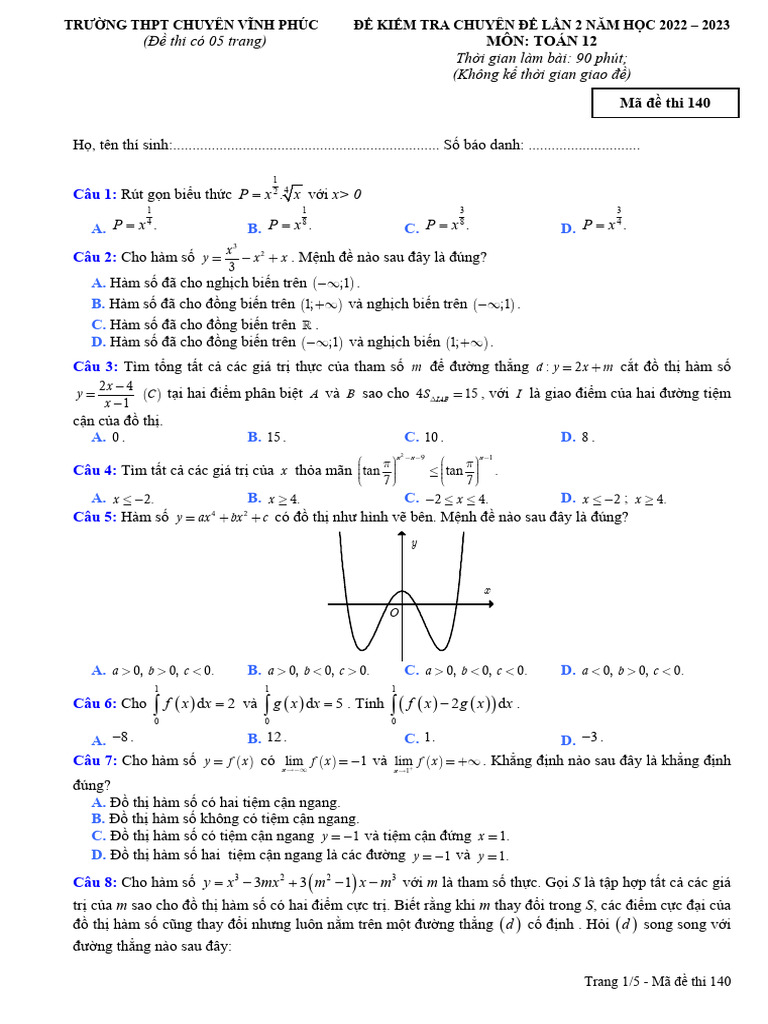 De Kiem Tra Toan 12 Lan 2 Nam 2022 2023 Truong THPT Chuyen Vinh Phuc | PDF