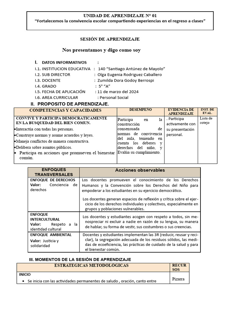 SESIÓN DE APRENDIZAJE- PERSONAL SOCIAL | PDF | Enseñando | Aprendizaje