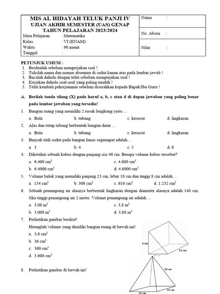 Soal UAS 2 MTK-IPA-IPS Kelas 6 Semester Genap 2023-2024 | PDF