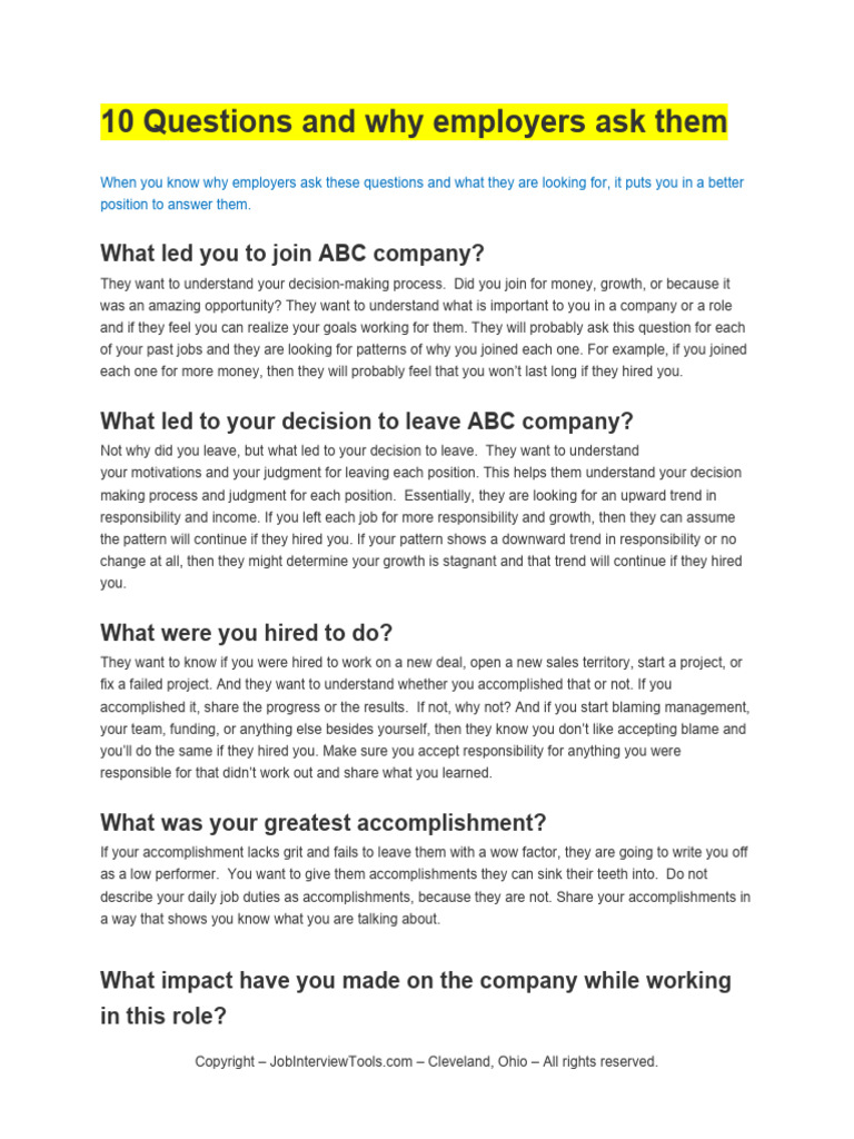 10 Interview Questions Employers Ask and Why They Ask Them | PDF ...
