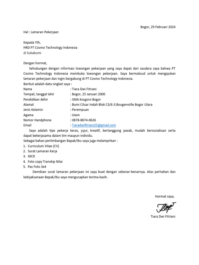 Surat Lamaran PT Cosmo Technology Indonesia | PDF