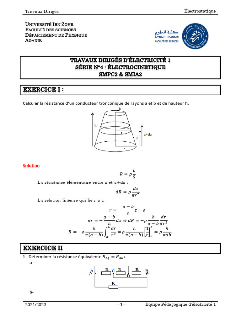 TD4 Electrocinétique 2021-2022 Corrigé | PDF | Résistance (électricité) | Tension électrique