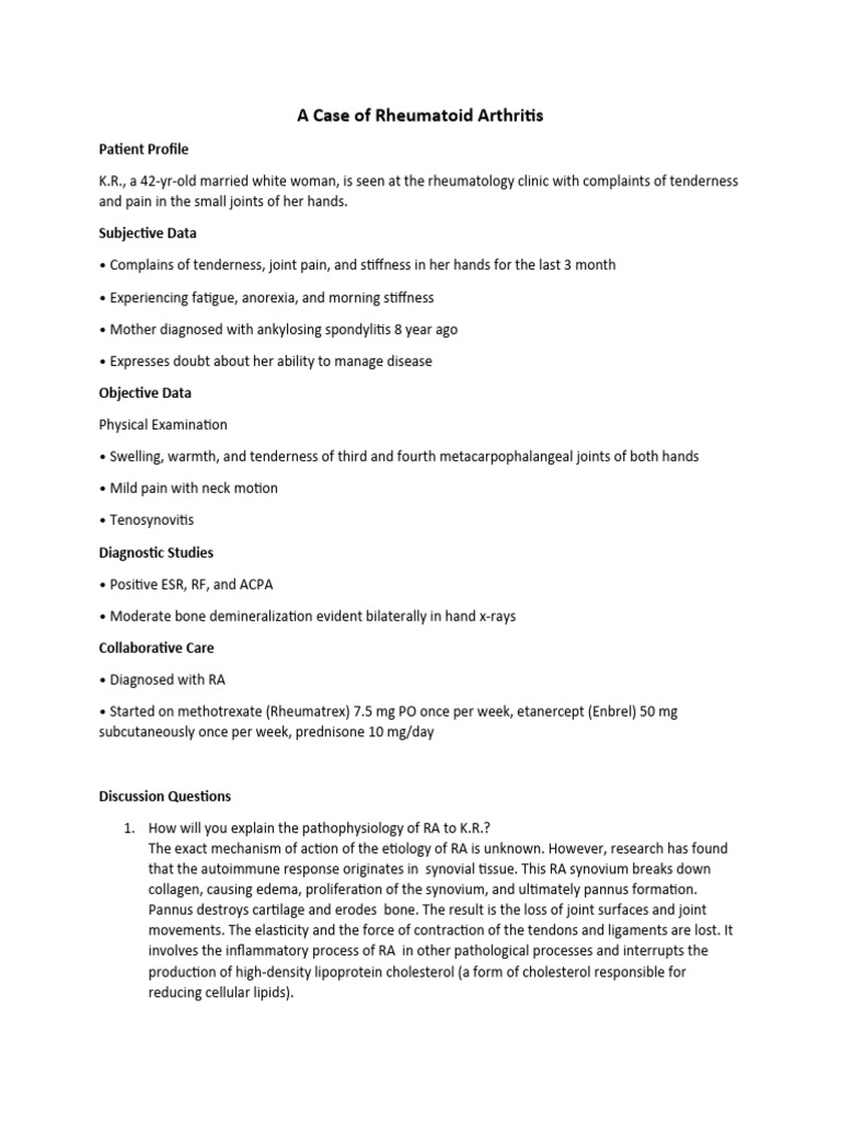 Rheumatoid Arthritis Case Study and Care Plan | PDF | Rheumatoid ...