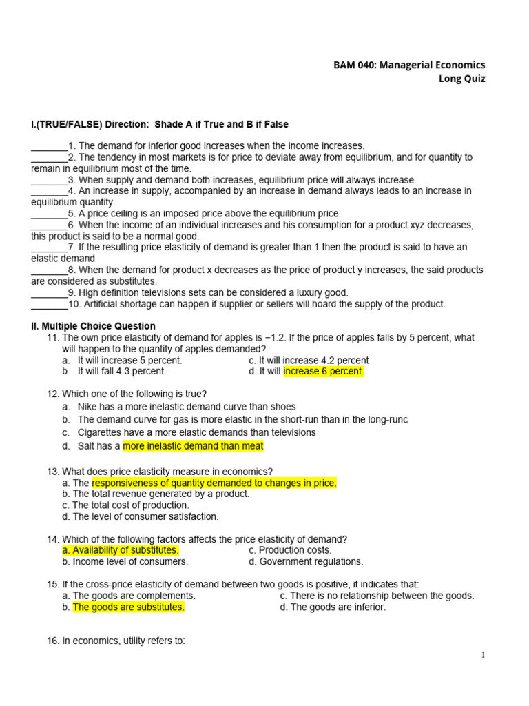 BAM 040 P2 Long Quiz Answer Key 2 | PDF | Demand | Elasticity (Economics)