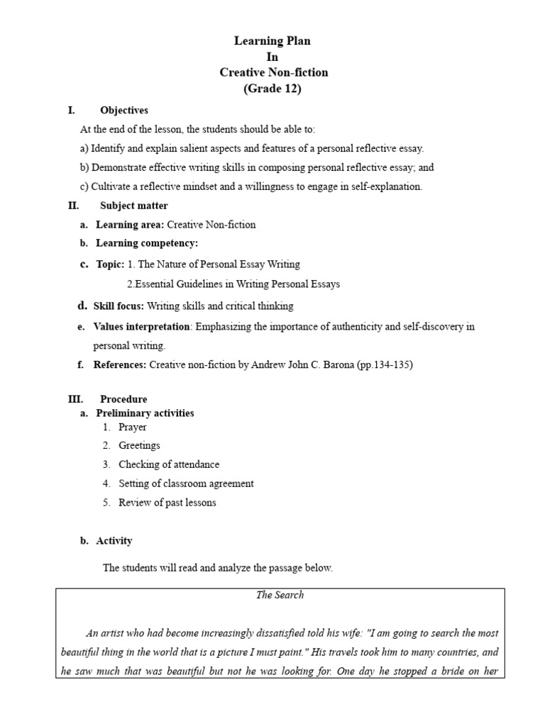 Learning Plan Lesson 7 Creative Non Fiction | PDF | Essays | Experience