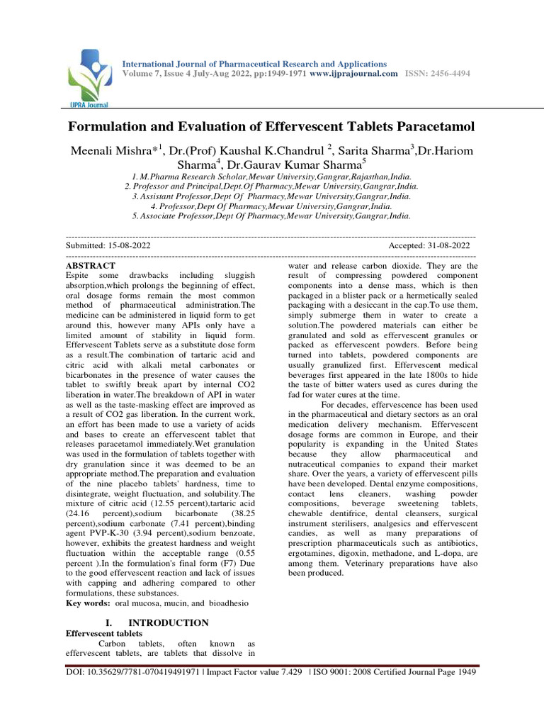 Formulation and Evaluation of Effervescent Tablets Paracetamol | PDF ...