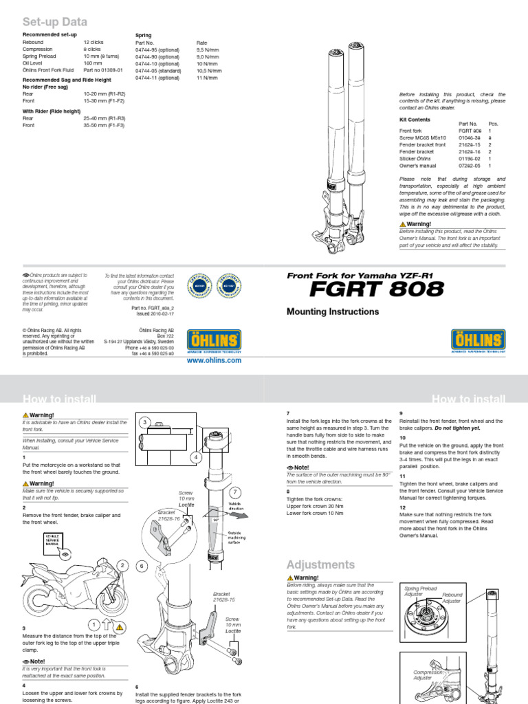 Yamaha YZF-R1 2009 2011 Front Fork Mount FGRT 808 | PDF | Brake | Motor ...