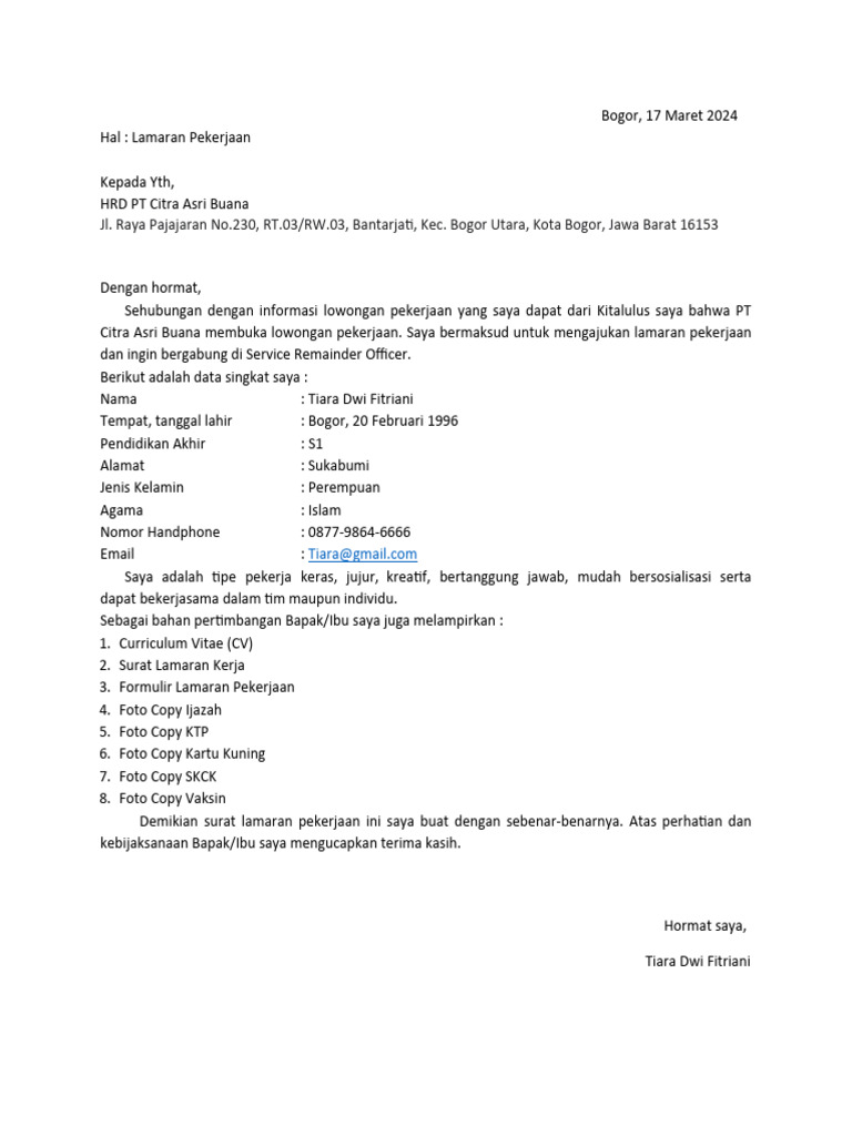 Surat Lamaran PT Citra Asri Buana | PDF